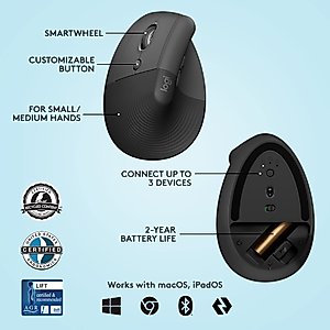 Logitech ERGO K860 Split Wireless Keyboard with wrist support and Lift Left Vertical Ergonomic Mouse, Left-handed, Bluetooth, USB receiver, Quiet, Windows/macOS/iPadOS, Laptop, PC - Graphite