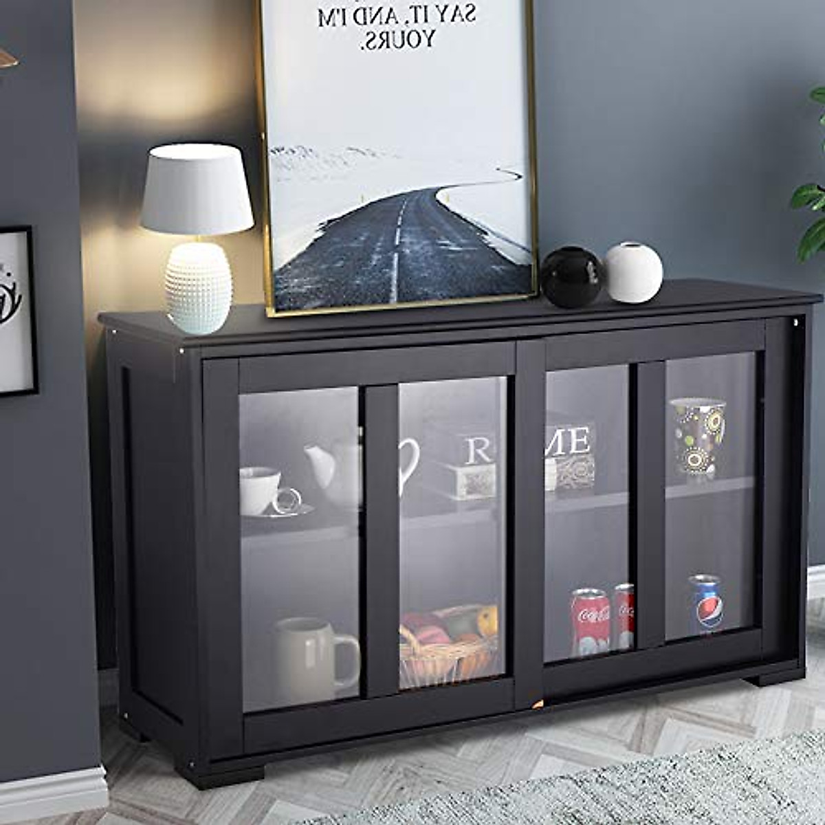 WATERJOY Kitchen Storage Sideboard, Stackable Buffet Storage Cabinet with Sliding Door Panels for Home Kitchen, Antique Black