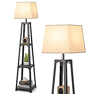 Tangkula Shelf Floor Lamp, 3 Tier Display Floor Lamp with Storage Shelves and Linen Lampshade, Modern Standing Lamp for Living Room Bedroom Office Decor, 63" Tall Corner Shelf Lamp, Black (Square)