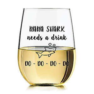 Nana Shark Needs a Drink Do Do Do Do Funny Novelty Stemless Wine Glass with Sayings - Gifts for Grandmas - Birthday, Holiday, Mothers Gifts