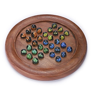 Ajuny Classic Solitaire - Handcrafted Wooden Board Game with 4-Color Marbles, Vintage Indian Design - Ideal for Family Fun & Home Decor