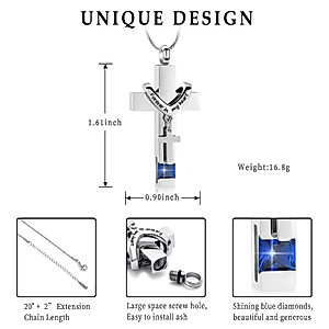 Forever in My Heart Birthstone Personalized Double Cross Urn Pendant Cremation Jewelry for Ashes Cross Ashes Keepsake (Silver-Blue)