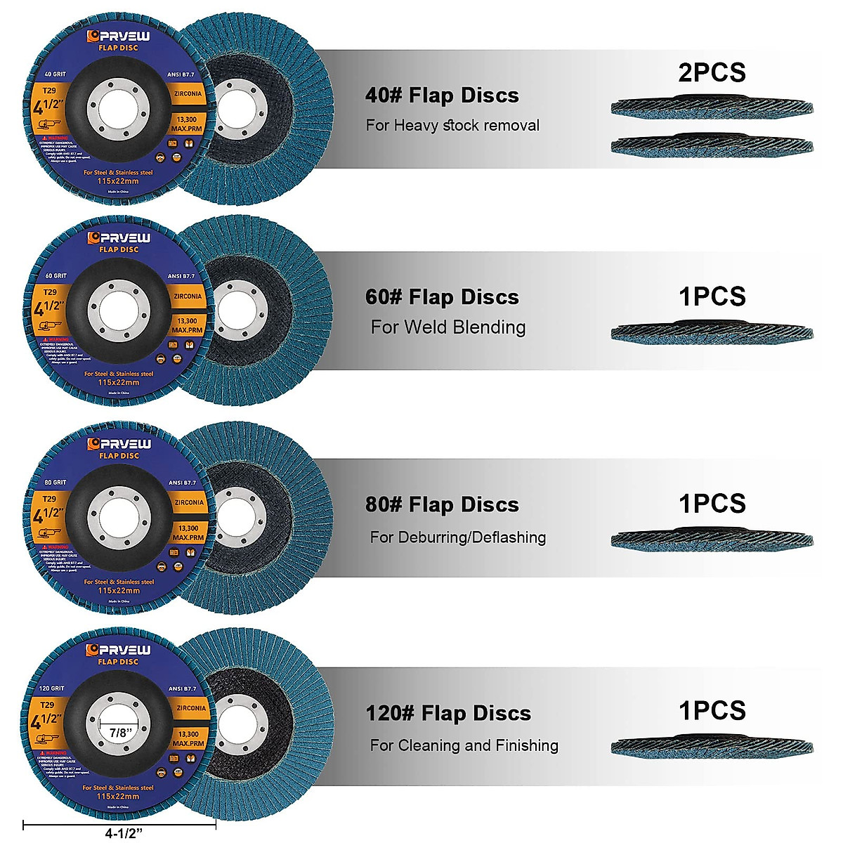 PRVEW Flap Discs 4 1/2 Inch, 5-Pack 4.5" x 7/8" T29 Premium Zirconia Abrasive Grinding Wheels, 40/60/80/120 Assorted Grits Flap Sanding Disc for Metal,Stainless Steel