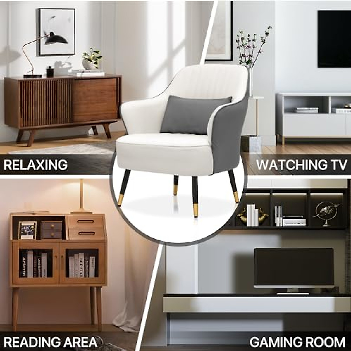 MoNiBloom Accent Upholstered Chair for Living Room Bedroom, Mid-Century Modern Leatheraire Sofa Chair Reading Chair w/Lumbar Pillow for Reading, Metal Legs White/Gray Contrasting Colors Comfy Chair