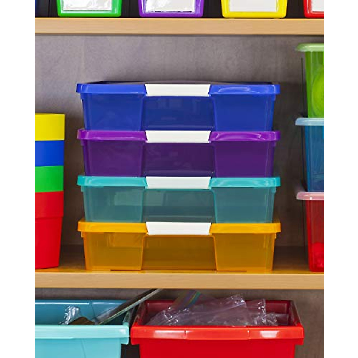 Storex Classroom Student Project Box, 15.25 x 13.25 x 3.25 inches , Assorted Tints, 5-Pack (63202U05C), standard sized