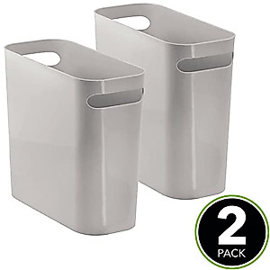 mDesign Plastic Small Trash Can, 1.5 Gallon/5.7-Liter Wastebasket, Narrow Garbage Bin with Handles for Bathroom, Laundry, Home Office - Holds Waste, Recycling, 10" High, Aura Collection, 2 Pack, Gray