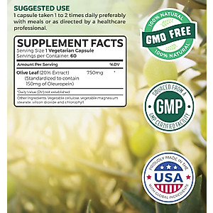 Olive Leaf Extract (Non-GMO) Super Strength: 20% Oleuropein - 750mg - Vegetarian - Immune Support Supplement, Skin Health, and Powerful Antioxidants Supplement - No Oil or Liquid - 60 Capsules