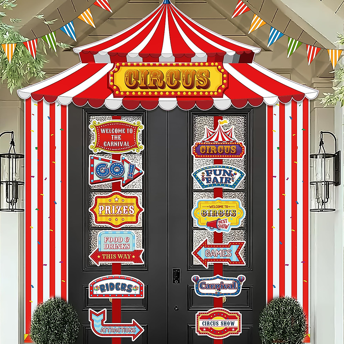 Tlswshsy 17PCS Circus Tent Decorations Set, Carnival Circus Door Banner with Awning and Directional Signs, Red and White Carnival Welcome Supplies for Circus Theme Party Birthday Home Decor