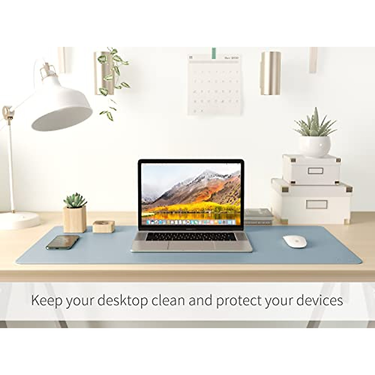 RENMTURE Dual-Sided Desk Pad, Natural Cork & PU Leather Large Mouse mats for Office and Home Work, Desk Protector Non-Slip, Waterproof, Easy Clean (Blue Gray, 36"x17")