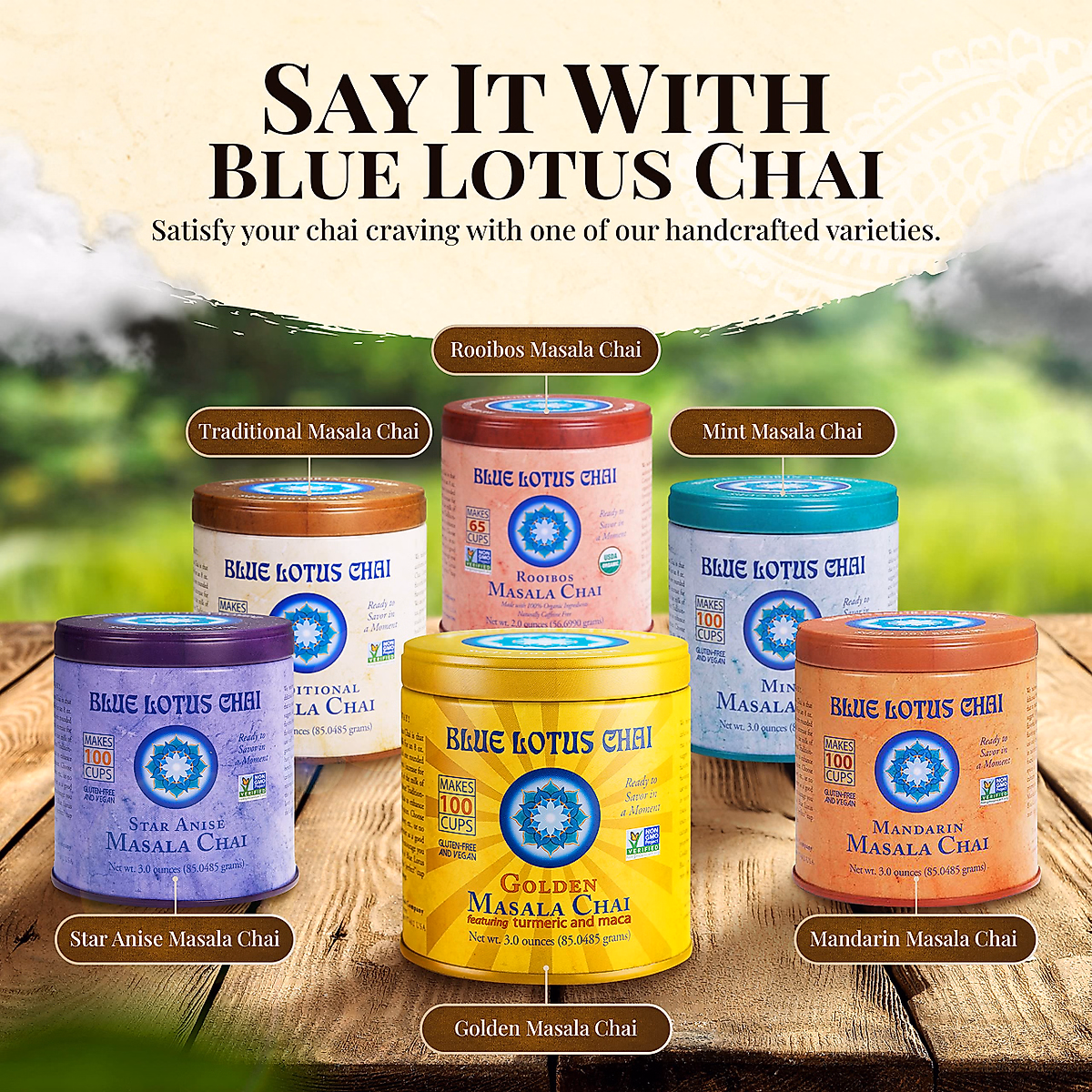 Blue Lotus Chai - Golden Masala Flavor Chai - Makes 100 Cups - 3 Ounce Masala Spiced Chai Powder with Organic Spices - Instant Indian Tea No Steeping - No Gluten