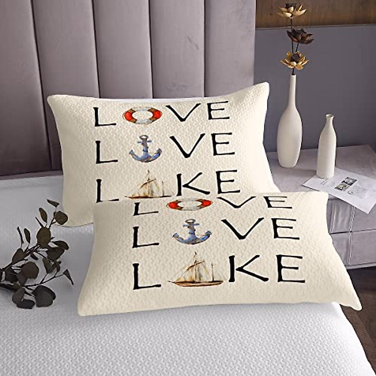 Lake House Quilt Set Twin Size, Nautical Anchor Bedspread Set For Kids Boys Teens Adult, Retro Sailboat Coverlet Set Lakehouse Rustic Beding Set Spring Summer Home Decoration With 1 Pillow Case