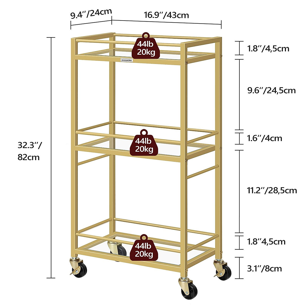 MAHANCRIS Bar Cart for The Home, Home Bar Serving Cart, Gold Bar Cart with 3-Tier Glass Shelf, Wine Holders, Glass Holder, Mini Bar Cart for Small Space, Kitchen, Dining Room, Gold RCJ40B01