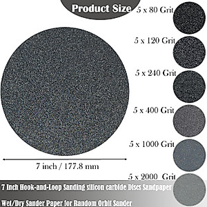 Tonmp 30 PCS 7 Inch Hook-and-Loop Sanding Silicon Carbide Discs Sandpaper - 5 pcs Each of 80 120 240 400 1000 and 2000 Grits Wet/Dry Sander Paper for Random Orbit Sander