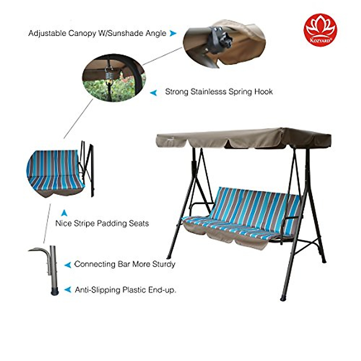 Alicia Patio Swing Chair with 3 Comfortable Cushion Seats and Strong Weather Resistant Powder Coated Steel Frame (Blue Stripe)