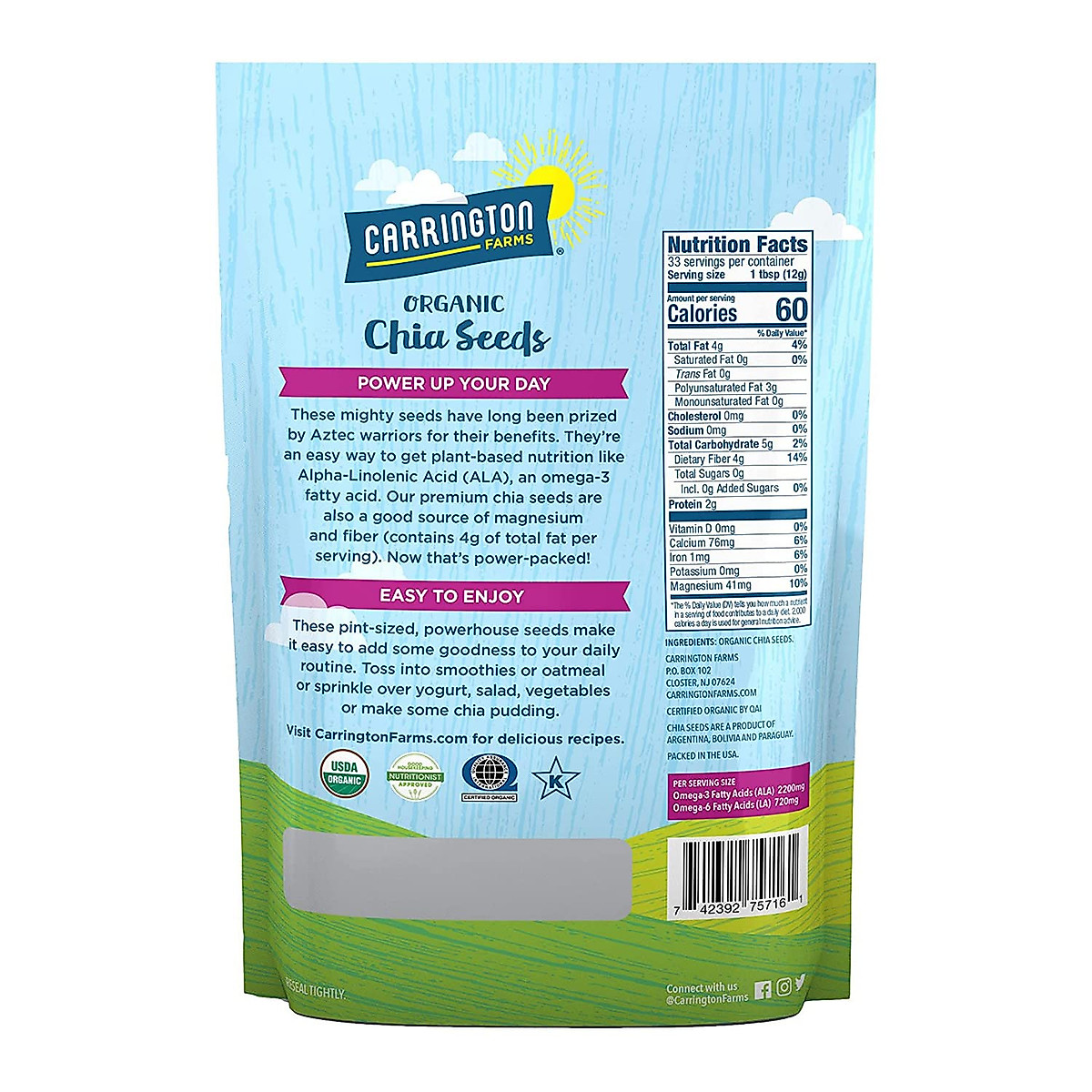 Carrington Farms Organic Chia Seeds, Gluten Free, USDA Organic, 14 Ounce