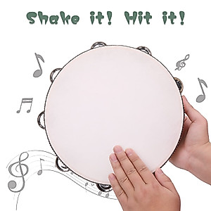 2Pack 10 Inch Double Row Tambourine for Adults Wooden Hand Held Drum Bell Tambourine with Metal Jingles, Percussion Musical Instruments Hand Tambourine for Church, KTV, Party