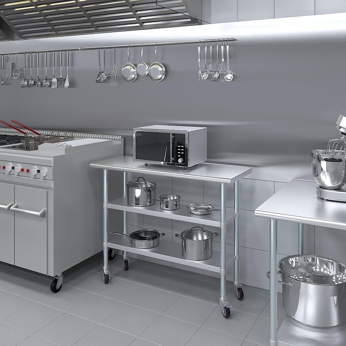 Stainless Steel Work Table with 2 Shelves with Casters | Metal Utility Table | Commercial & Residential NSF Utility Table (Stainless Steel Table with 2 Shelves, 48" Long x 18" Deep)