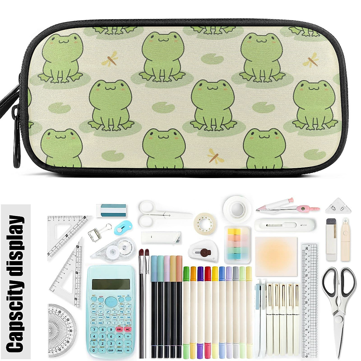 Fustylead Cute Frog Big Capacity Pencil Pen Case, Multi-Purpose Makeup Bag Organizer Storage Pouch for Office College School Hiking Travel