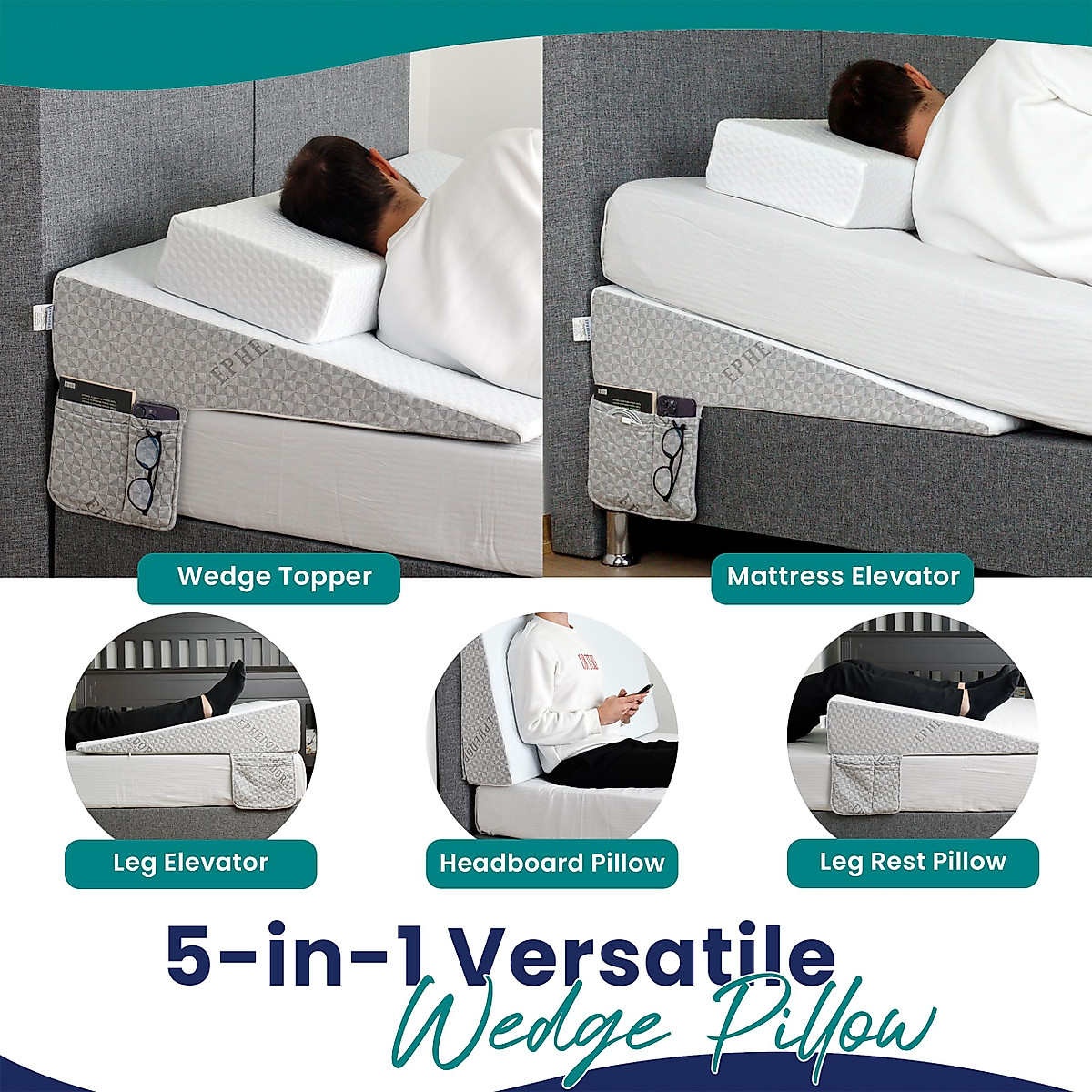 Under Mattress Wedge for Acid Reflux, Queen Size Bed Wedge, Under Mattress Support & Mattress Riser, Memory Foam Top 7.5-Inch Head Riser Incline Topper, Non-Slip Bottom & Side Storage Pockets