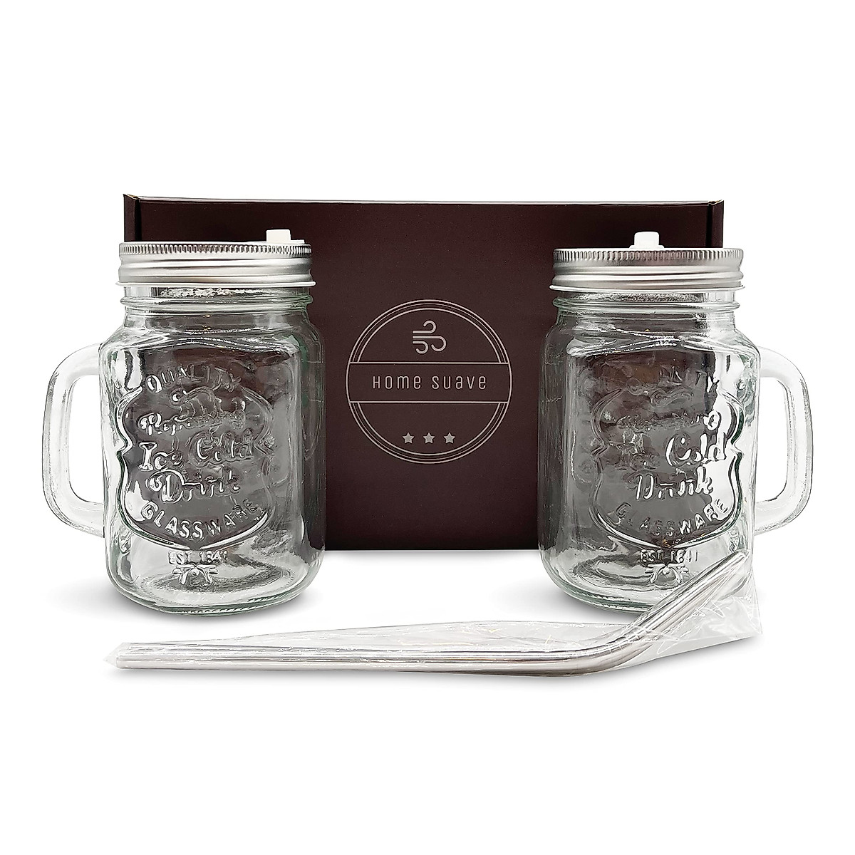 Gift Set Mason Jar Mugs with Handle, Regular Mouth Colorful Lids with 2 Reusable Stainless Steel Straw, Set of 2 (Silver), Kitchen GLASS 16 oz Jars,"Refreshing Ice Cold Drink" & Dishwasher Safe