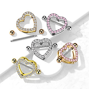 Pierced Owl 14GA Stainless Steel Gem Paved Heart Nipple Shields, Sold as a Pair (Pink)