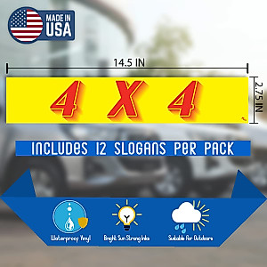 Versa Tags Windshield Slogan Stickers 12 Pack Each of Loaded, Down, Cash, Buy HERE Pay HERE, 4X4 (60) Window Stickers Total Dealership Stickers Red On Yellow