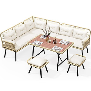 YITAHOME 6-Piece Patio Wicker L-Shaped Furniture Set, All-Weather Rattan Outdoor Conversation Sofa Set for Backyard Deck with Soft Cushions,Ottomans and Plastic Wood Dining Table (Light Brown+Beige)