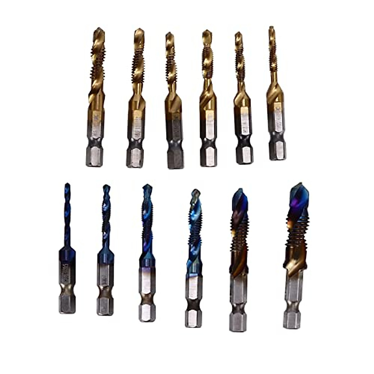 12Pcs Combined Tap Drill Bit Set HSS Metric Blue Plating Imperial Ti Plated 1/4in Hex Shank Combined Threading Drill Bit Set Drillbits