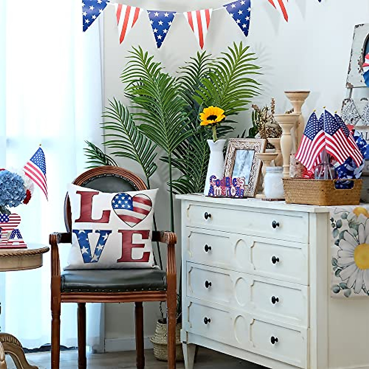 GEEORY 4th of July Decorations Pillow Covers 18x18 Set of 4 Memorial Day American Flag Stars and Stripes Patriotic Throw Pillow Covers Love America Pillows Case Independence Day Decor