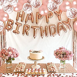 Rose Gold Birthday Party Decoration, 50PCS Rose Gold & Confetti Latex Balloons, Happy Birthday Balloons Banner with 2 Foil Fringe Curtains, Birthday Decorations for Women Girls