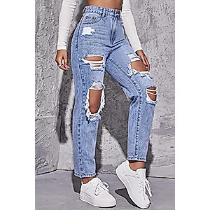 LINUMIN Women's High Waist Straight Leg Ripped Jeans Distressed Denim Pants (Blue, XL)