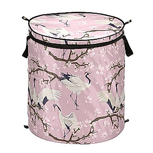 pnyoin 50L Large Popup Laundry Hamper Round with Zipper Lid Reinforced Handles Portable Collapsible Basket for Kids Room College Dorm Travel, Japanese Cranes and Magnolia