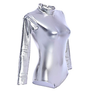 ODIZLI Women Shiny Metallic Long Sleeve Leotard Mock Turtleneck One Piece Bodysuit for Gymnastics Ballet Dance Silver, 2XL