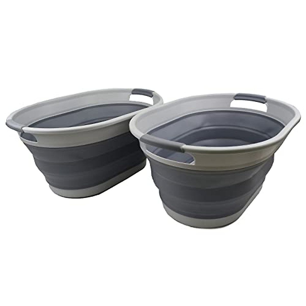 SAMMART 28L (7.4 gallon) Oval Collapsible Plastic Laundry Basket - Foldable Pop Up Storage Container/Organizer - Portable Washing Tub - Space Saving Hamper/Basket (Grey (Set of 2))