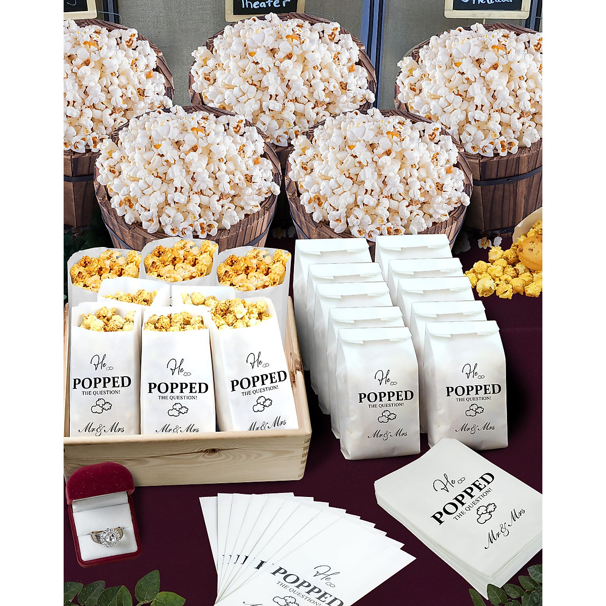 48Pcs He Popped the Question Popcorn Bags Engagement Bridal Shower Wedding Party Favors Popcorn Bags Wedding Bridal Shower Engaged Goody Snack Treat Bags Grease Resistant
