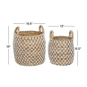 Deco 79 Banana Leaf Handmade Decorative and Functional Storage Basket String Detail Basket Organizer with Handles, Set of 2 Basket for Storage 19", 17"H, Brown