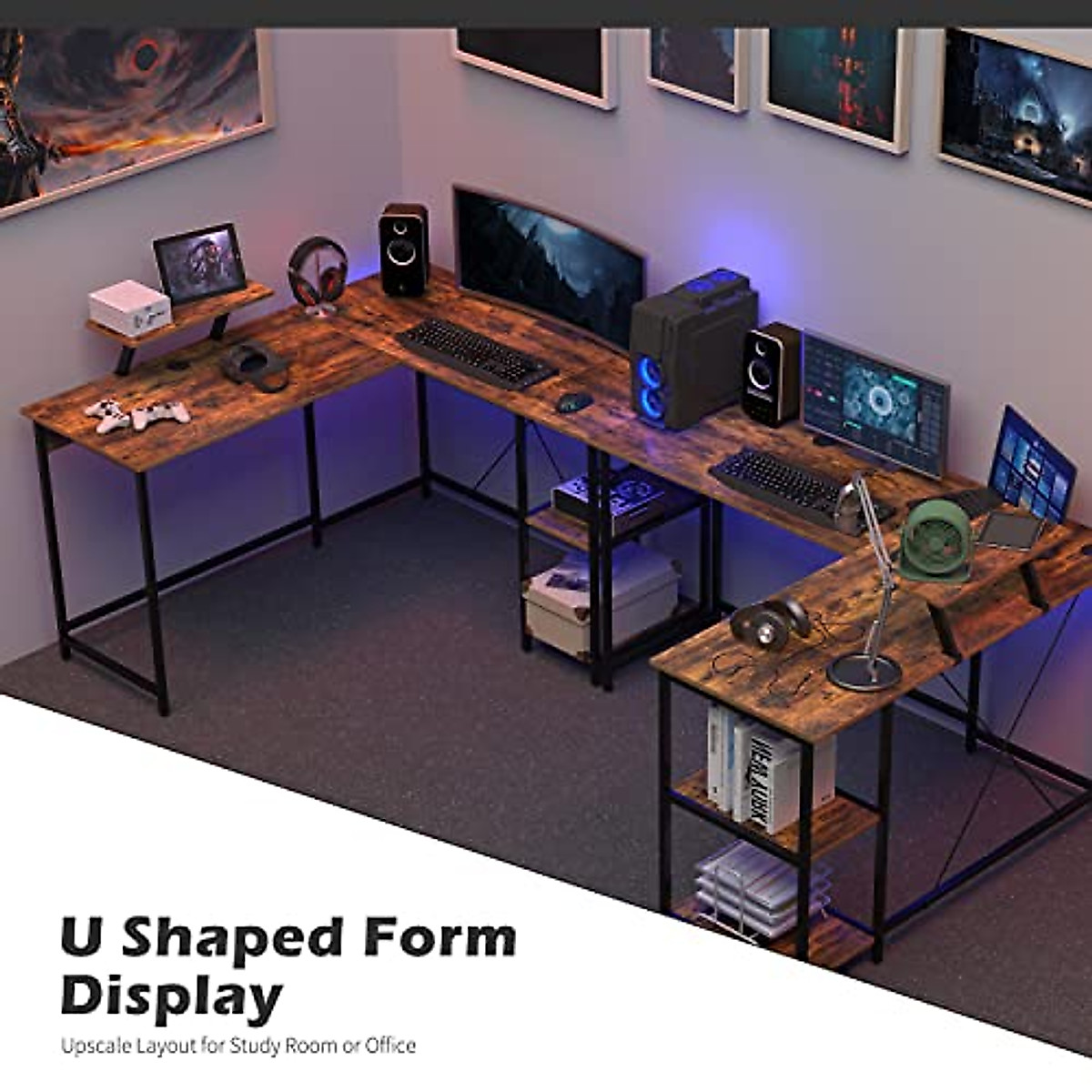 OUTFINE L Shaped Desk Corner Desk Double Computer Desk Home Office Gaming Workstation with Storage Shelves and Monitor Stand