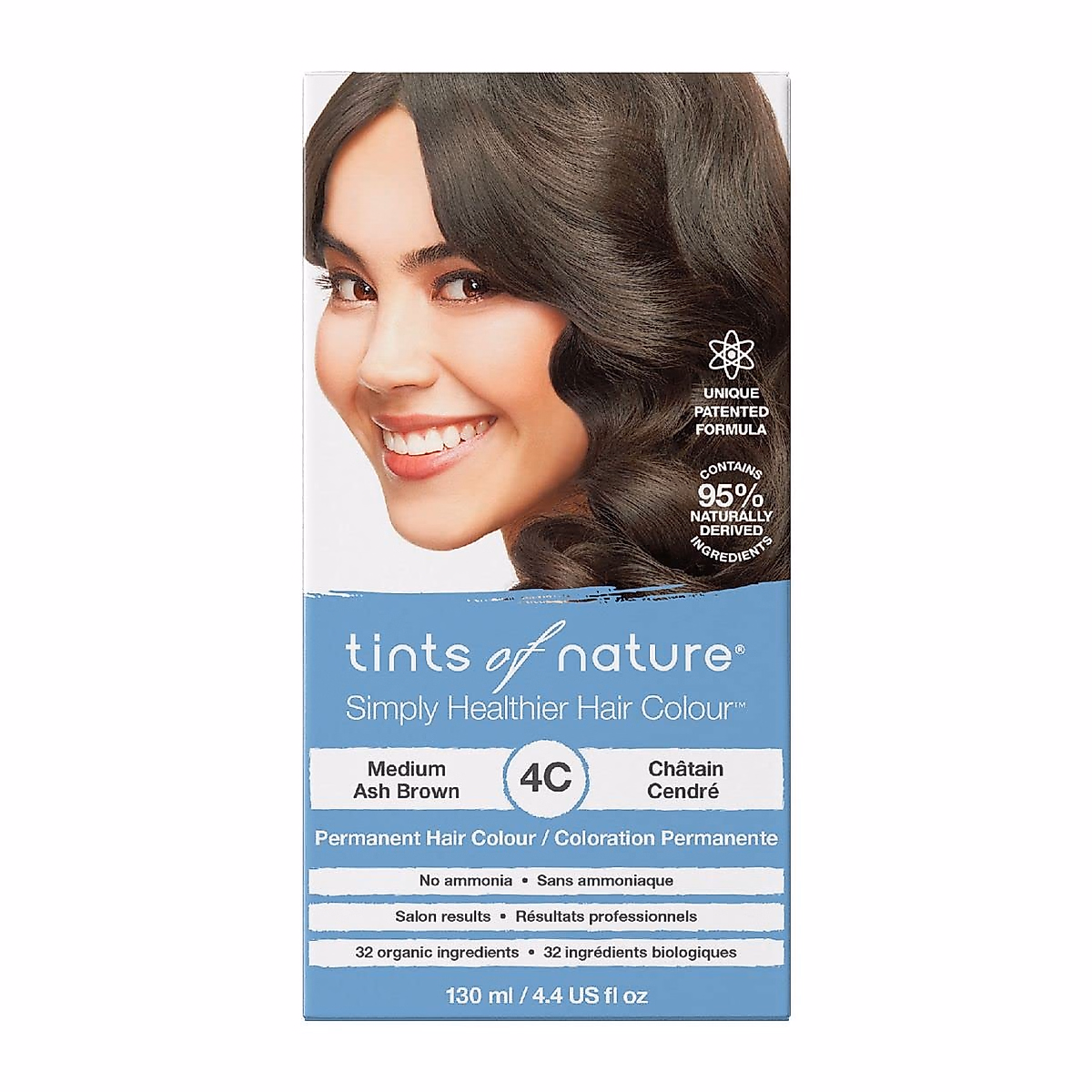 Tints of Nature 4C Medium Ash Brown Permanent Hair Dye, Nourishes Hair and Covers Greys, Ammonia-Free, 130ml