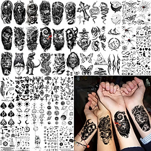 TASROI 61 Sheets Realistic Skull Tiger Wolf Lion Temporary Tattoos For Women Men Arm Sleeve, 3D Halloween Temp Tattoos Adults Compass Black Rose Flower, Bulk Fake Tattoos That Look Real And Last Long