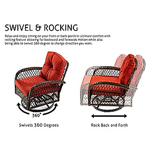 SHA CERLIN 3 Pieces Patio Furniture Set, Outdoor Swivel Glider Rocker, Wicker Patio Bistro Set with Rocking Chair, Cushions and Table (Red)