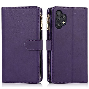 Jaorty Samsung Galaxy A32 5G Wallet Case,[9 Card Slots] Removable Adjustable Crossbody Necklace Lanyard Shoulder Strap Zipper Magnetic Leather Case for Samsung Galaxy A32 5G,6.5 inch Purple