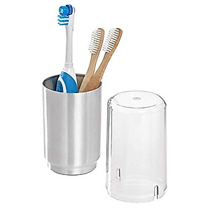 iDesign Austin Metal Covered Holder Stand, Holds Regular and Electric Toothbrushes in Master, Guest, Kid's, College Dorm Bathroom, Brushed
