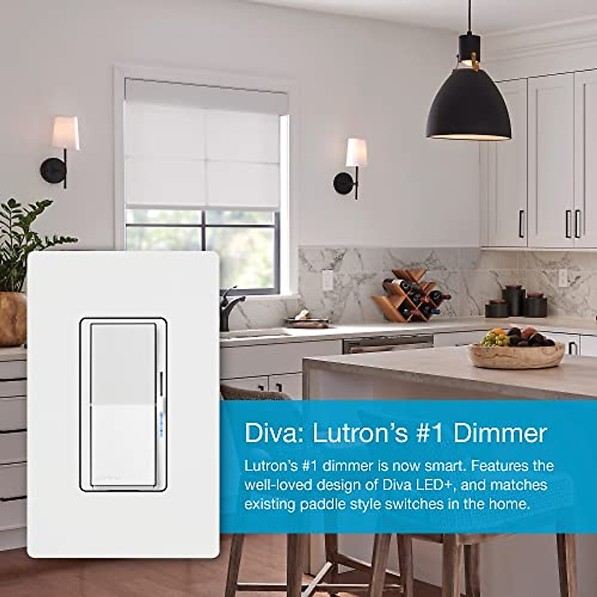 Lutron Diva Smart Dimmer Switch Starter Kit for Caséta Smart Lighting, with Smart Hub, Pico Remote, and Pedestal | No Neutral Wire Required | DVRF-BDG-1DP-A