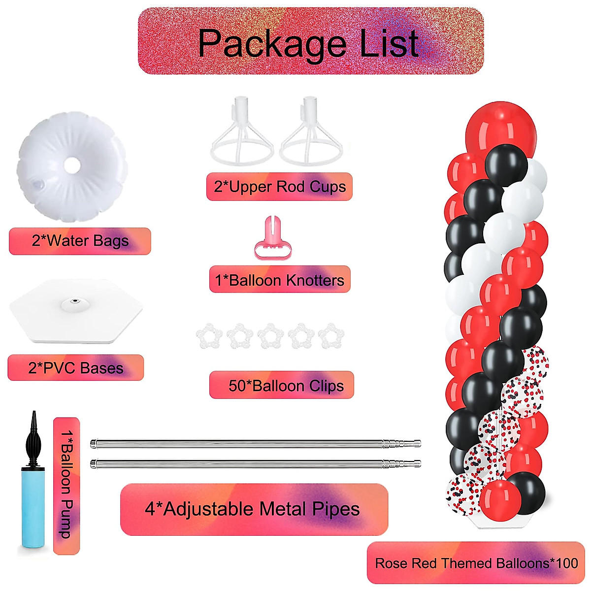 2 Sets Balloon Column Stand Kit with 100 Balloons 6 Ft Adjustable Balloon Stands Kit for Floor Red Black White Balloons Arch Column for Shower Birthday Graduation Racing Car Poker Card Decorations