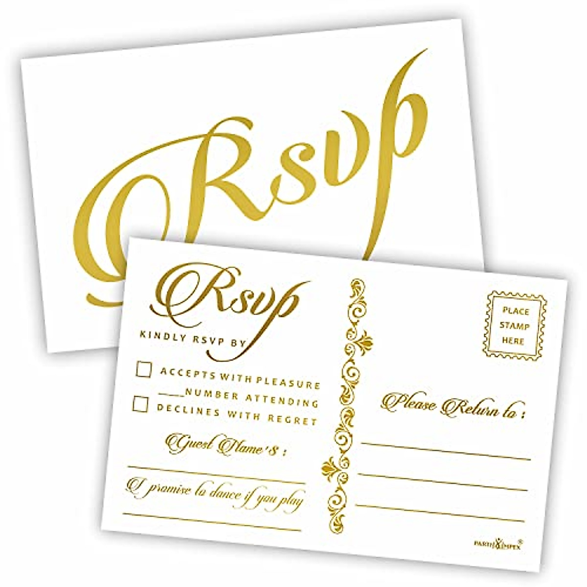 PARTH iMPEX RSVP Postcards for Wedding - (Pack of 50) Gold Foil Stamping with Mailing Side 4"x6" Response Cards All Occasion Mailable - White