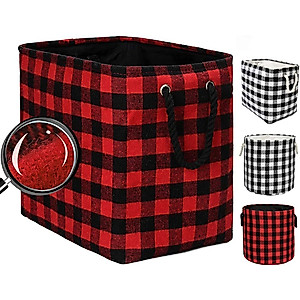 Large Rectangular Foldable Storage Laundry Baskets with Cotton Rope Handles Nursery Soft Felt Fabric Bins Delicate Home Organizer Solution, Red Black Grid, L