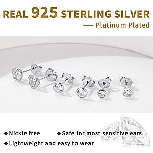 ChicSilver Sterling Silver Stud Earrings for Women Men- 3 Pairs Hypoallergenic Tiny Simulated Diamond Round Cubic Zirconia Ear Stud Set for Sensitive Ears