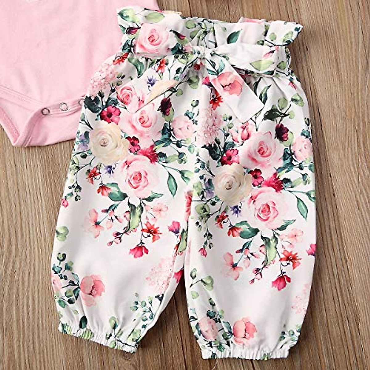 Newborn Baby Girls Easter Outfit Long Sleeve Bunny Print Romper + Floral Pants + Bow Headband 3pcs Set (Light Pink, 6-12m)