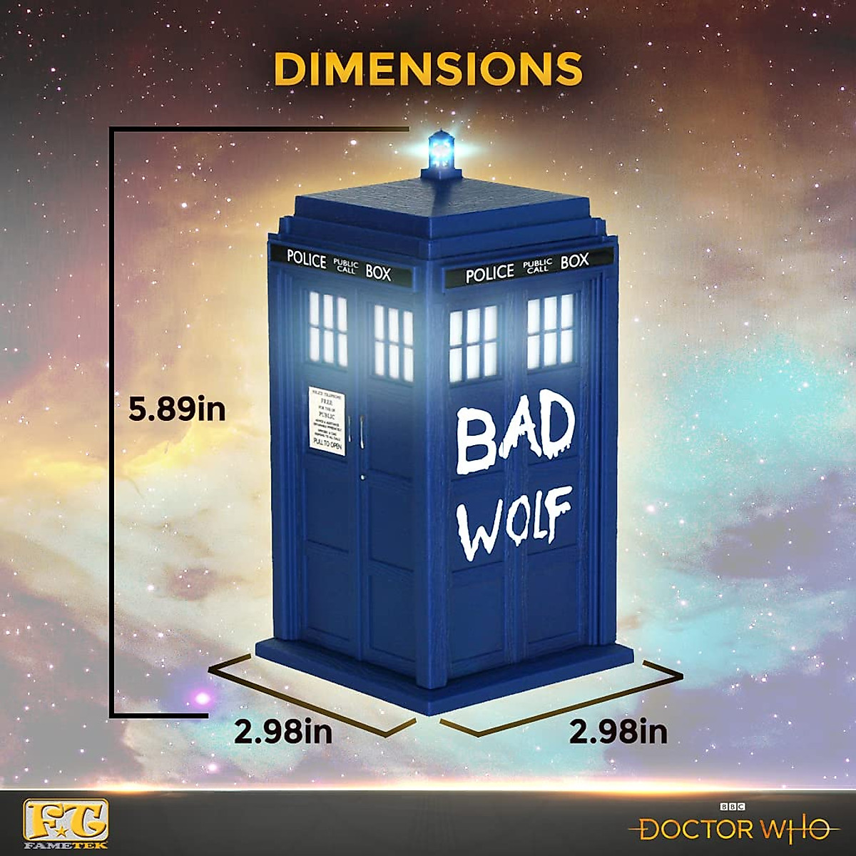 FAMETEK Doctor Who Bad Wolf Tardis Wireless Bluetooth Speaker Plays Music, Lights Up, Accurate Sounds Effects |Gifts for Men or Women - Best Gifts Birthday Collectibles for Doctor Who