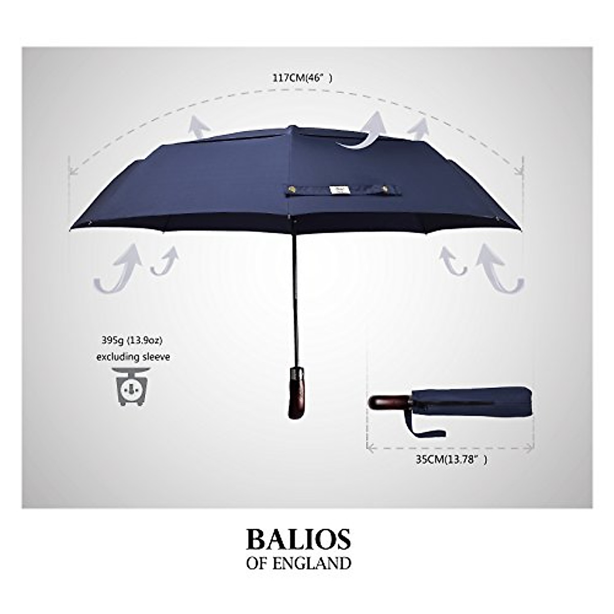 Balios Travel Umbrella Wood Handle Auto Open Close Vented Canopy Dark Navy